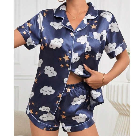 Intimates & Sleepwear | Cozy Light Blue Satin Smiley Star Print Button ...
